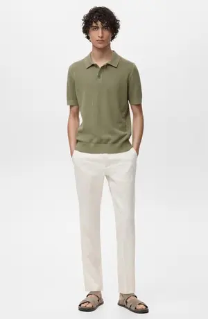 Mango Openwork Knit Cotton Polo - Green