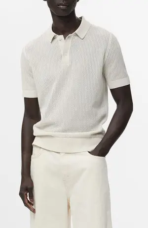 Mango Openwork Knit Cotton Polo - Off White