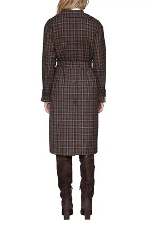 Avec Les Filles Plaid Belted Trench Coat With Button Detail
