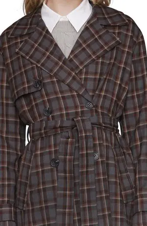 Avec Les Filles Plaid Belted Trench Coat With Button Detail