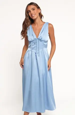 PETAL & PUP Verena Plunge Neck Satin Dress