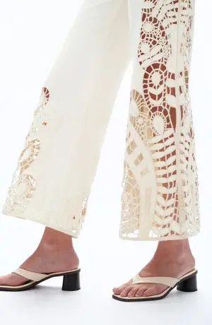 BAYEAS High-waist Embroidered Wide-leg Jeans - Beige