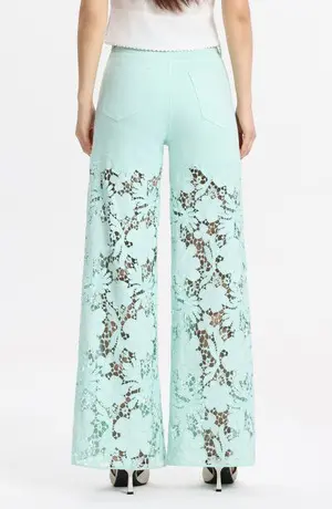 BAYEAS Crystal Embellished Lace Wide-leg Jeans - Mint Green