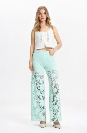BAYEAS Crystal Embellished Lace Wide-leg Jeans - Mint Green