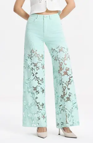 BAYEAS Crystal Embellished Lace Wide-leg Jeans - Mint Green