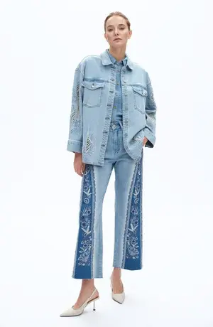 BAYEAS Patchwork Embroidered High-waist Crop Flare Jeans