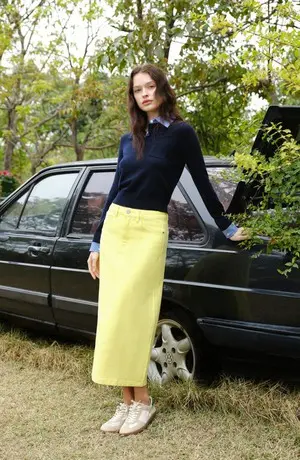 BAYEAS Slit Hem Denim Midi Skirt - Lemon