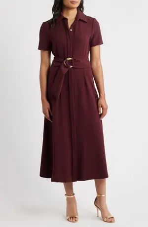 Julia Jordan Belted Midi Shirtdress - Burgundy