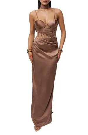 JLUXLABEL Satin Maxi Cocktail Dress - Brown