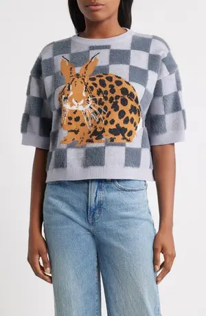 DRESSED IN LALA Leopard Bunny Short Sleeve Sweater