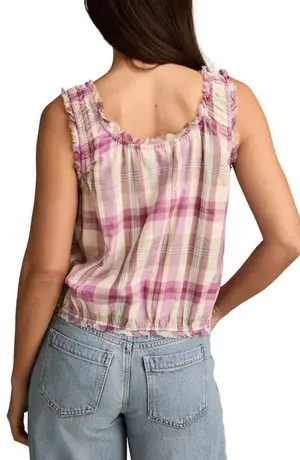 Lucky Brand Ruffle Tie-neck Cotton Top - Purple Plaid