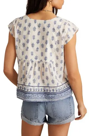 Lucky Brand Printed Split Neck Cotton Top - Blue Multi