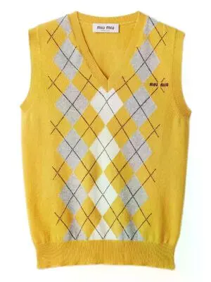Miu Miu Argyle Intarsia Cashmere Vest - Yellow