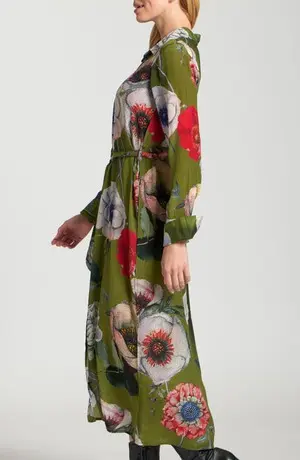 APNY Long Sleeve Shirtdress - Olive Green Multi
