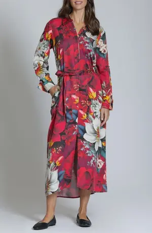 APNY Long Sleeve Shirtdress - Red/wine Multi