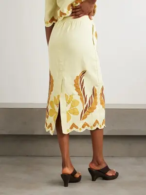 Farm Rio Scalloped Appliquéd Linen Skirt - Neutrals
