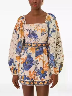 Farm Rio Lace-trimmed Floral Playsuit - Neutrals