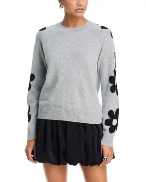Aqua Floral Sleeve Cashmere Sweater - Light Grey Multi