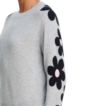 Aqua Floral Sleeve Cashmere Sweater - Light Grey Multi