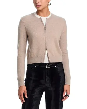 Aqua 100% Cashmere Full Zip Crewneck Cardigan - Wheat