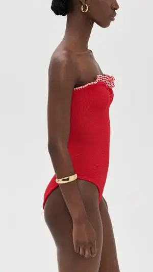 Hunza G Smocked Gingham Ruffle One Piece Swimsuit - Red/red