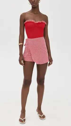 Hunza G Smocked Gingham Ruffle One Piece Swimsuit - Red/red