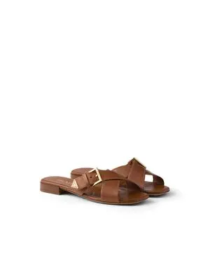 Prada Leather Crisscross Buckled Slides - Brown