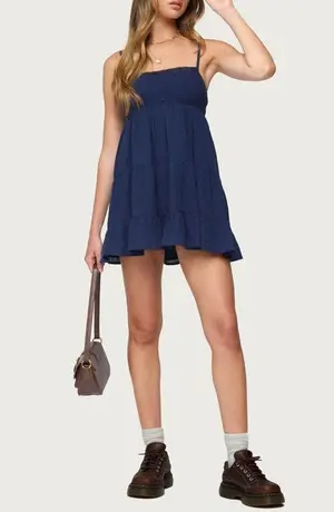 EDIKTED Calley Smocked Babydoll Mini Dress - Navy