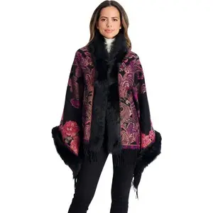 Gorski Cashmere Stole Genuine Shearling Trim - Red Paisley