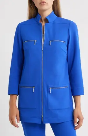 Ming Wang Deco Stretch Crepe Utility Jacket - Sapphire Sea