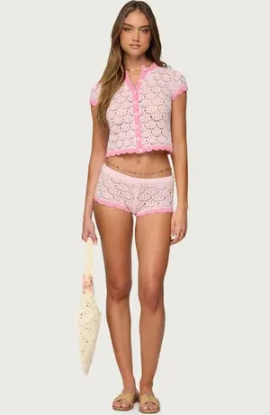 EDIKTED Elisa Open Stitch Shorts - Light-pink