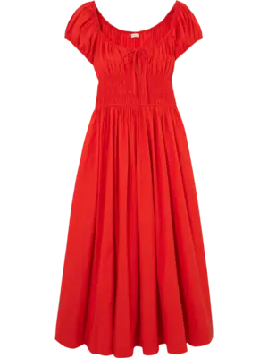 DÔEN Quinn Tie-Detailed Shirred Organic Cotton-Poplin Midi Dress Red