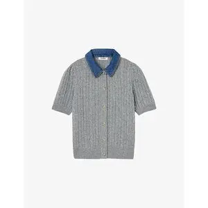 Sandro Wool And Cashmere-blend Cardigan With Denim Collar - Grey