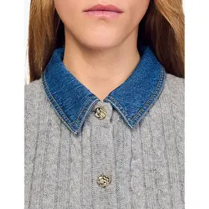 Sandro Wool And Cashmere-blend Cardigan With Denim Collar - Grey
