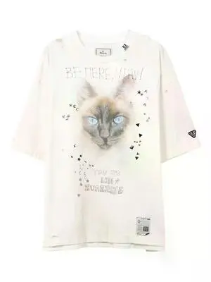 Mihara Yasuhiro Cat-print Distressed T-shirt - White