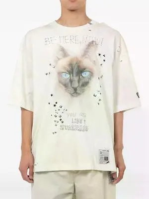 Mihara Yasuhiro Cat-print Distressed T-shirt - White