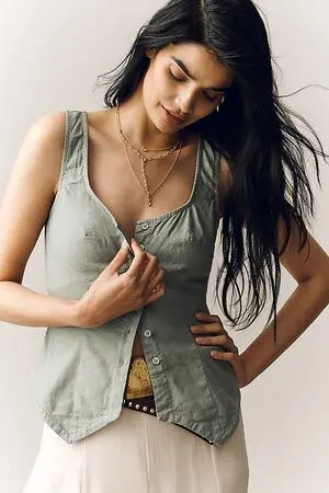 Anthropologie Open-back Linen Blend Vest Top - Eucalyptus