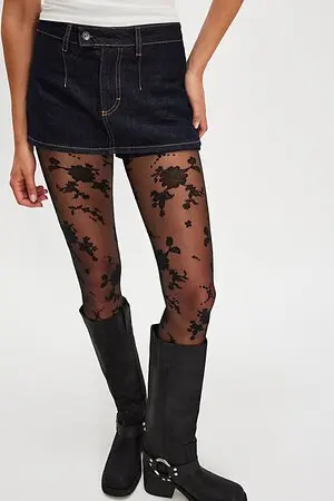 Free People Flocked Floral Tights - Black Combo