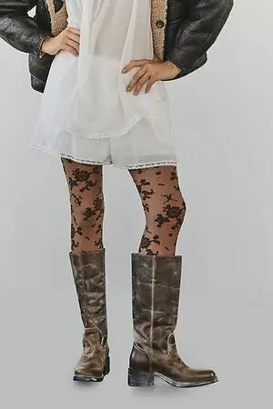 Free People Flocked Floral Tights - Espresso Combo