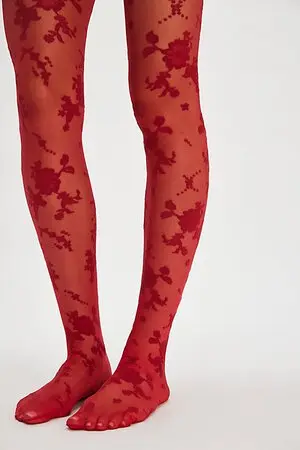Free People Flocked Floral Tights - Red Combo