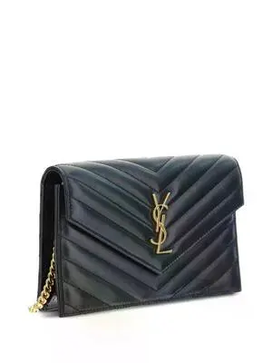 Saint Laurent Lambskin Chevron Quilted Envelope Chain Wallet - Black