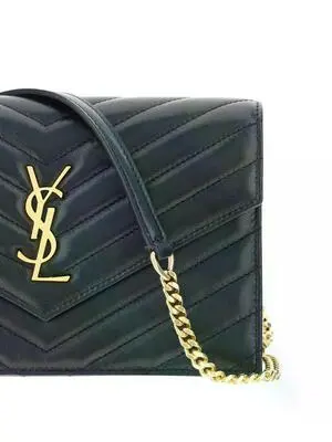 Saint Laurent Lambskin Chevron Quilted Envelope Chain Wallet - Black