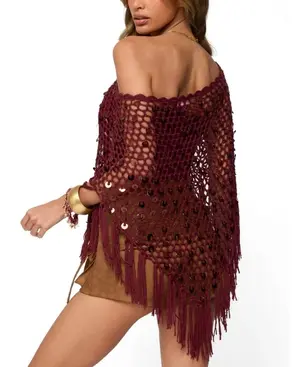 EDIKTED Fringe Sequin Crochet Poncho - Burgundy