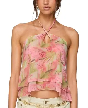 EDIKTED Dragon Lily Layered Chiffon Halter Top - Pink