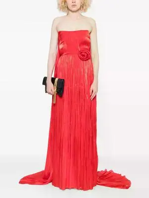 NISSA Pleated Rose-embellished Asymmetric Evening Dress - Red