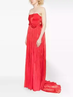 NISSA Pleated Rose-embellished Asymmetric Evening Dress - Red