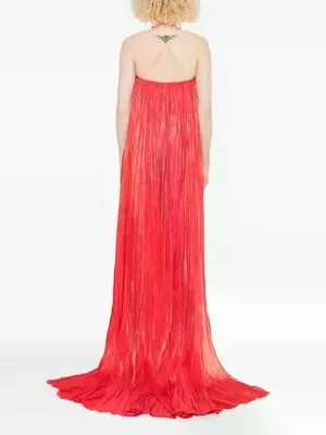 NISSA Pleated Rose-embellished Asymmetric Evening Dress - Red