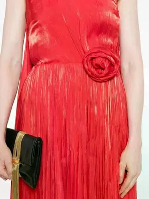 NISSA Pleated Rose-embellished Asymmetric Evening Dress - Red