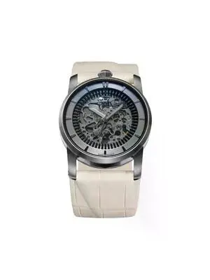 FOB PARIS Skeleton 41mm Leather Watch - Silver