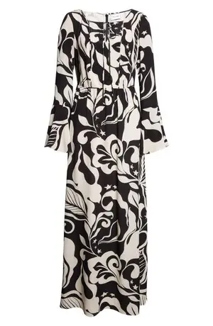 St. John Harlow Leaf Print Silk Maxi Dress